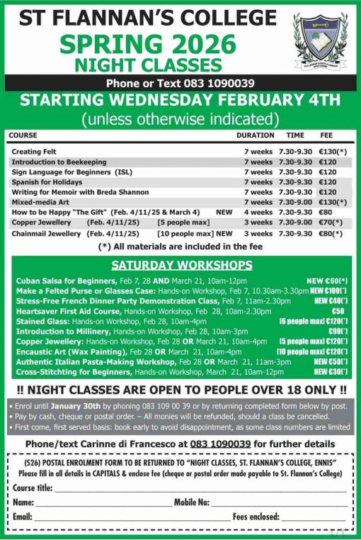 Spring Night Classes 2026 - St. Flannans College